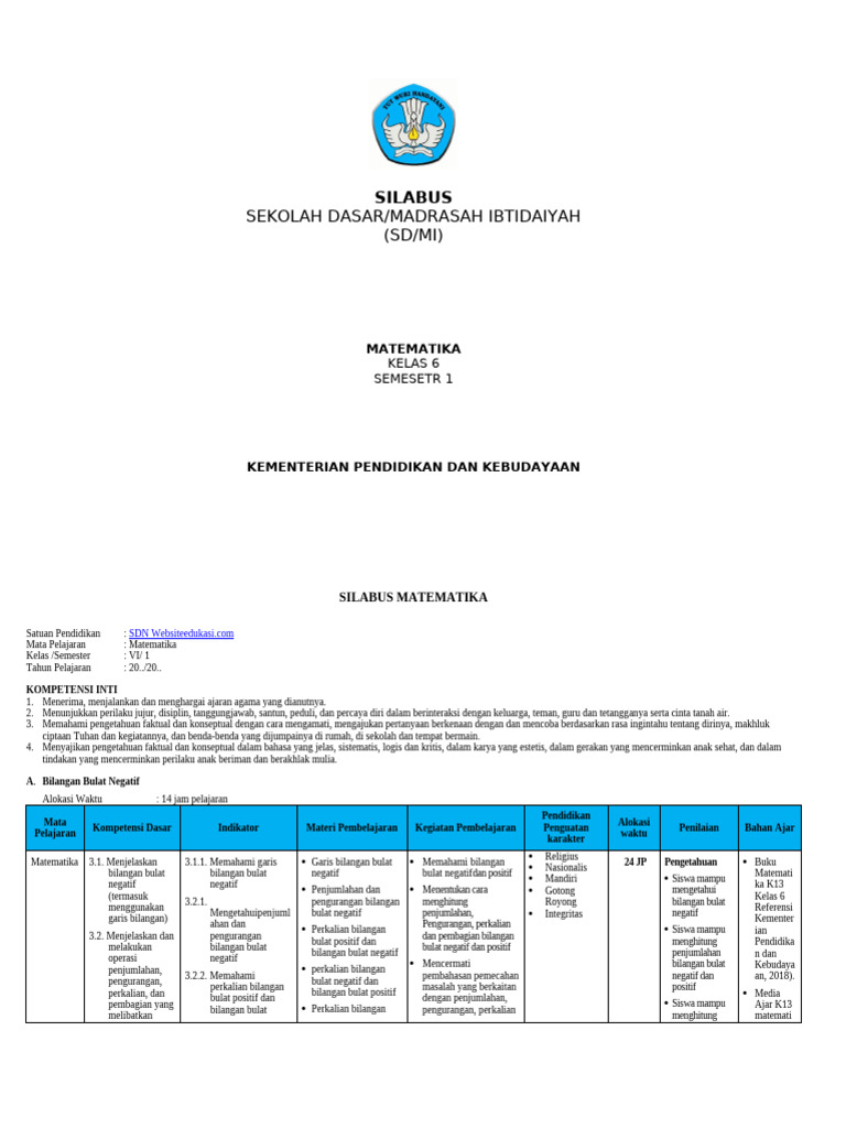 Silabus MTK Kelas 6 Ganjil 9 Komponen | PDF