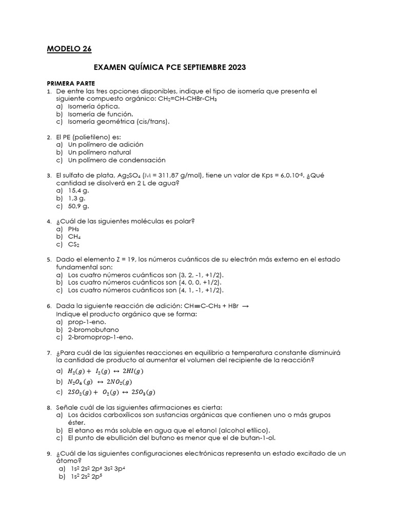 Modelo 26 Pce Septiembre 2023 Quimica | PDF