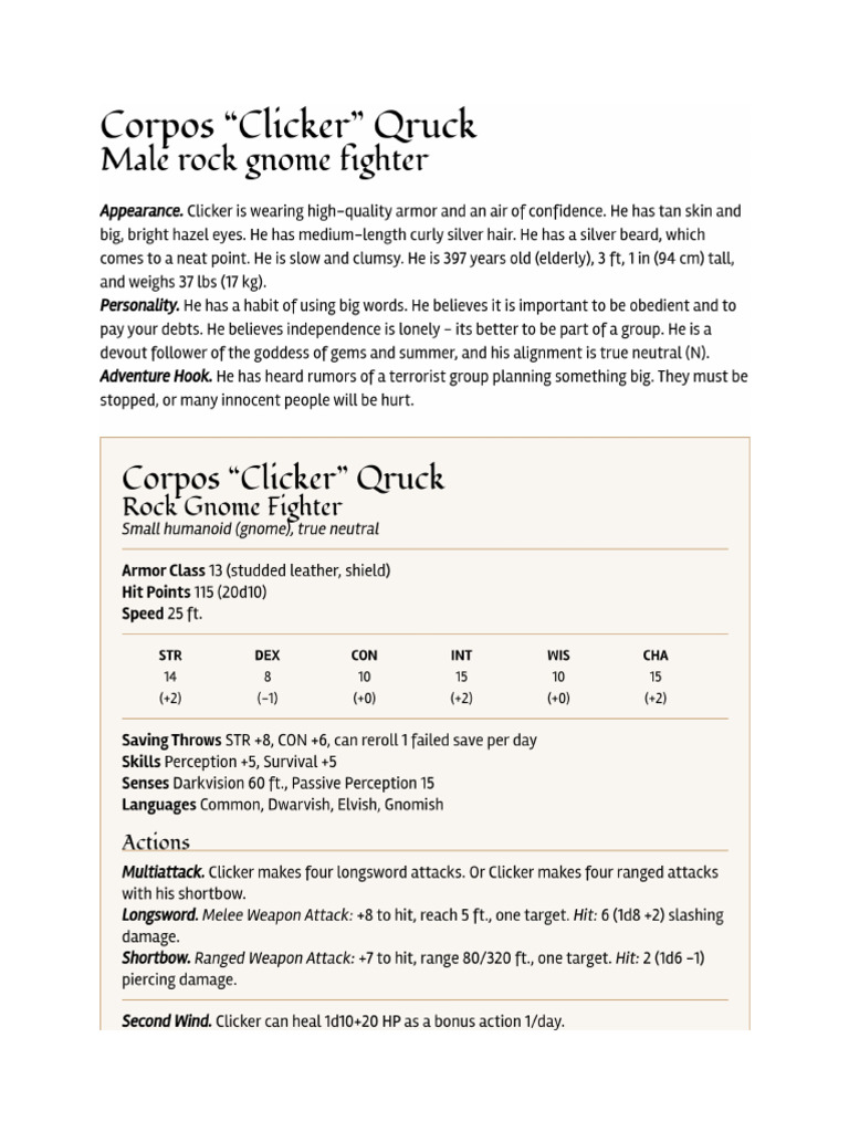 Corpos “Clicker” Qruck the Male rock gnome fighter | PDF