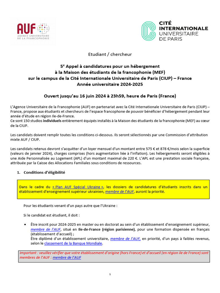 Appel À Candidatures Public MEF - 2024 2025 | PDF