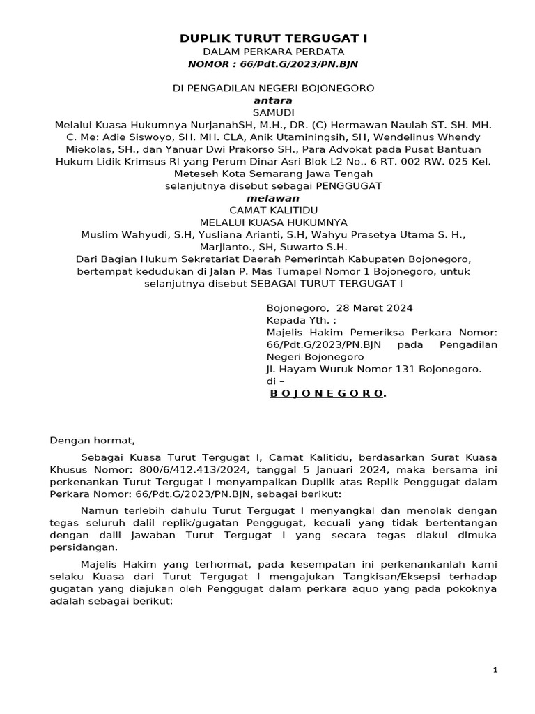 Duplik Gugatan Perdata Talok Turut Tergugat I | PDF