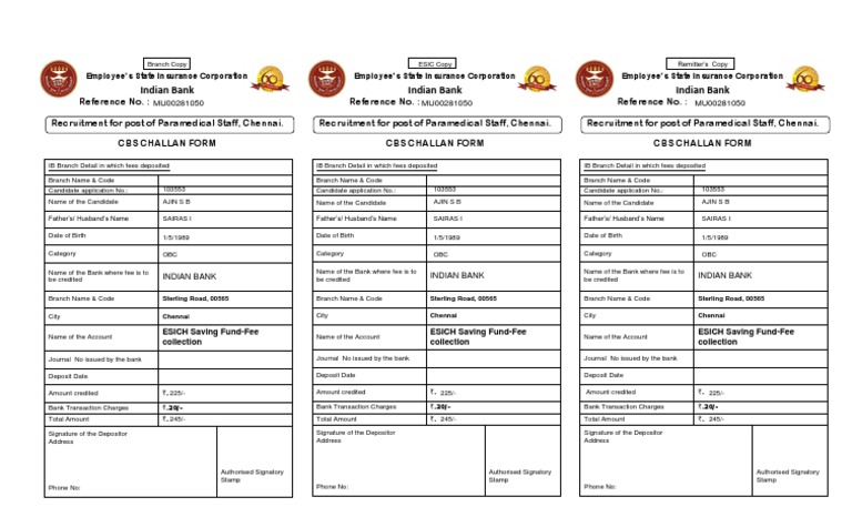 ESIC Paramedical Staff Fee Receipt | PDF