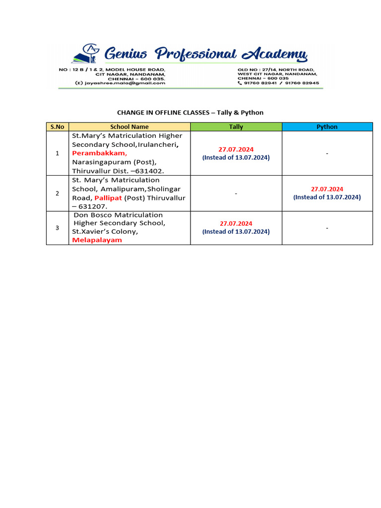 CHANGE IN OFFLINE CLASSES - Tally & Python | PDF