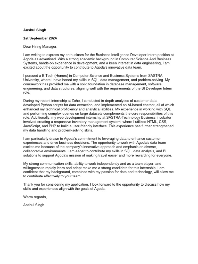 Cover Letter for Agoda | PDF