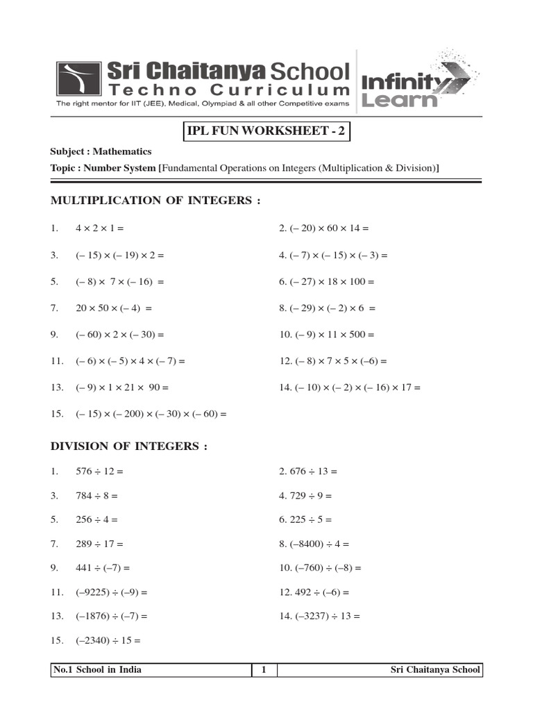 Multiplication & Division of Integers Worksheet | PDF