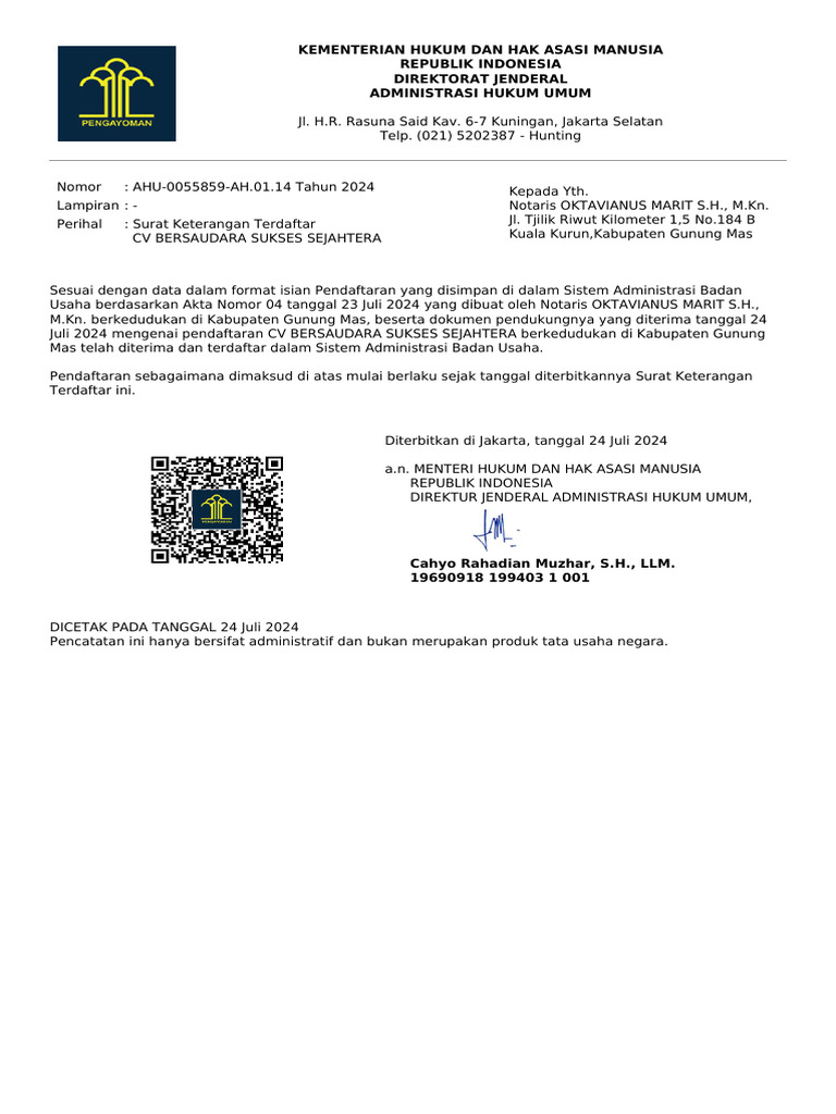 Akta CV Bersaudara Sukses Sejahtera Dan SK Ahu Terdaftar | PDF