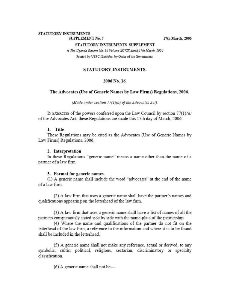 The Advocates (Use of Generic Names by Law Firms) Regulations, 2006. | PDF