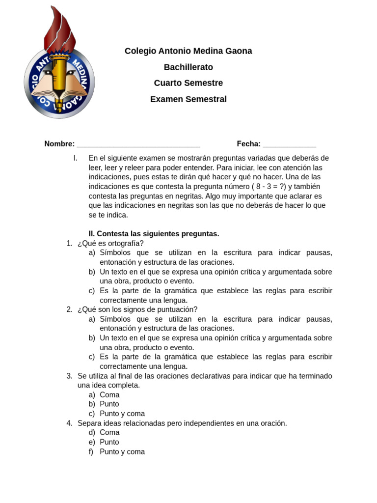 Examen de Ortografia Cuarto Semestre Examen Semestral | PDF