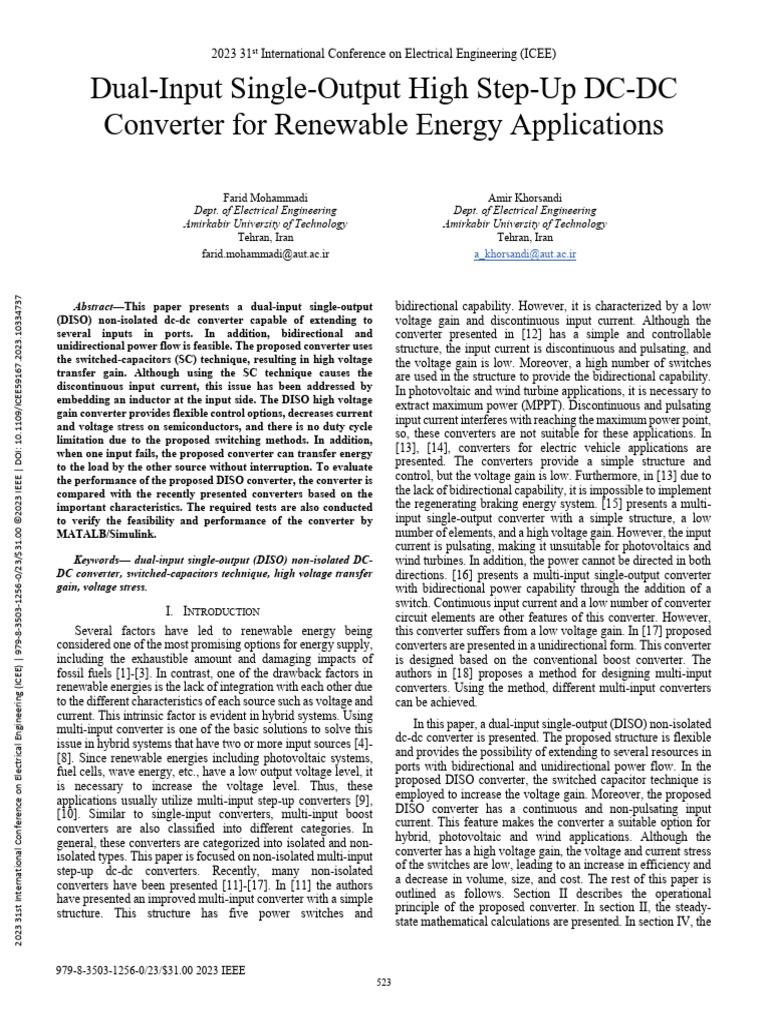 Dual-Input Single-Output High Step-Up DC-DC Converter For Renewable Energy Applications | PDF