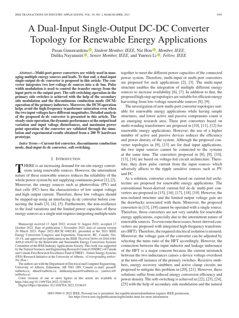 A Dual-Input Single-Output DC-DC Converter Topology For Renewable Energy Applications | PDF