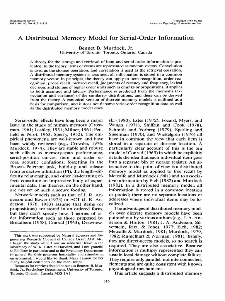 A Distributed Memory Model For Serial-Order Information | PDF
