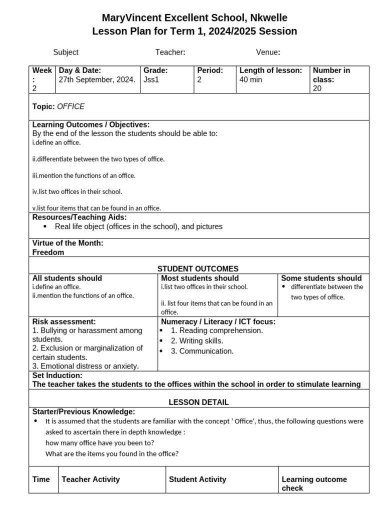 Business Studies jss1 Lesson Plan Week 2 | PDF | Teachers | Career & Growth