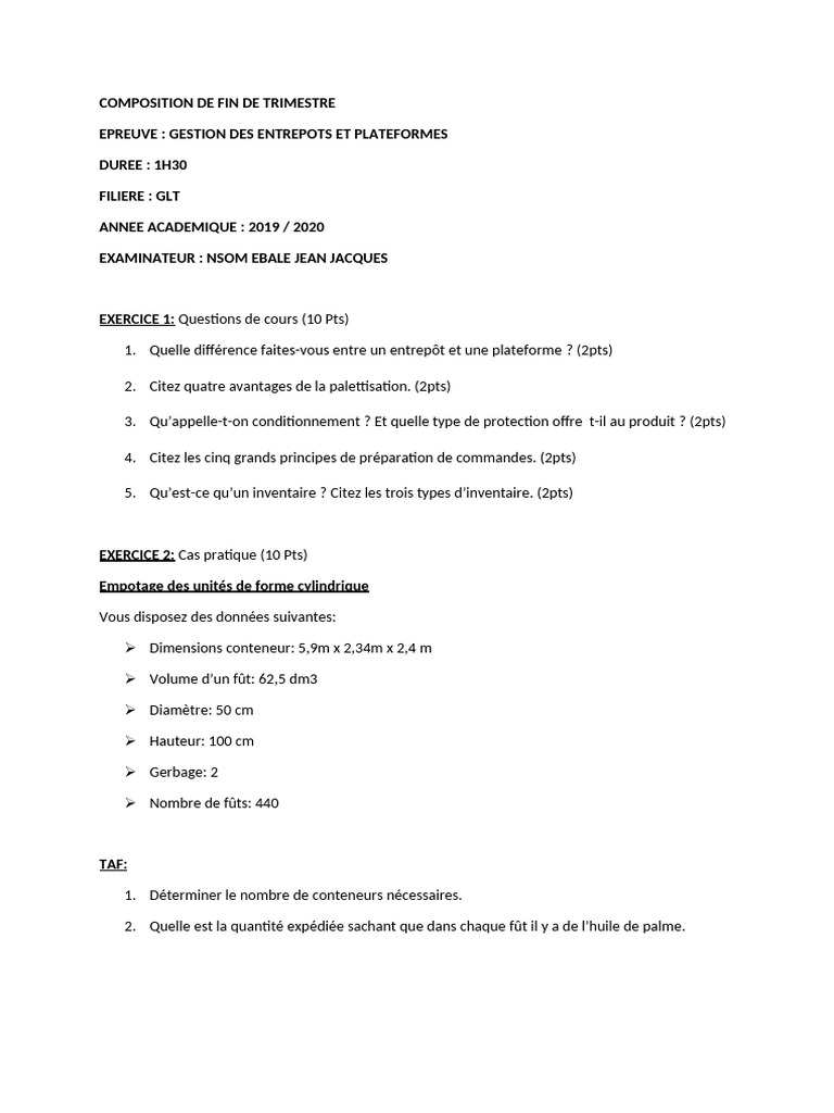 (GLT) Gestion Des Entrepots Epreuve 2-2 | PDF