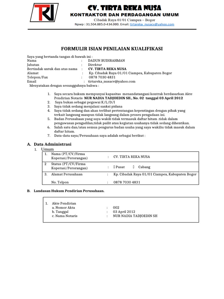 Daftar Isian Kualifikasi Lainnya Pdf
