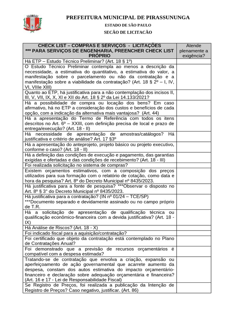 Check-List - LICITAÇÃO - Lei 14.133-2021 - 01-2024 | PDF