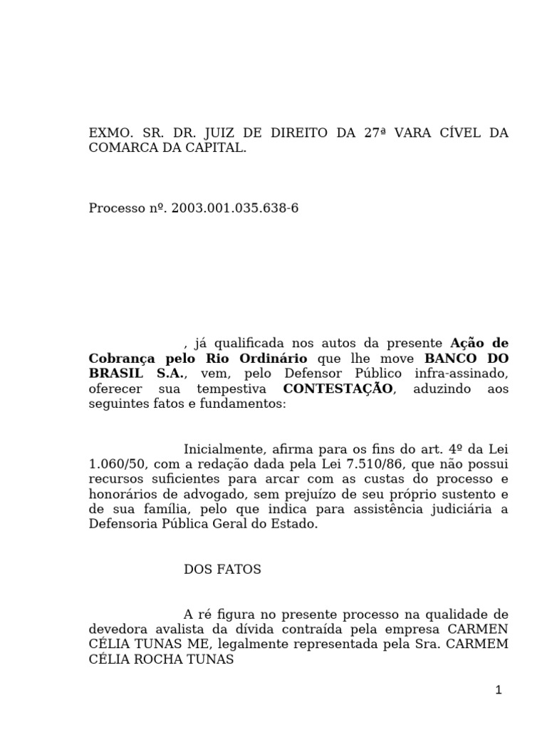 Contestacao Acao de Cobranca de Cheque Especial e Credito Direto Ao ... Contestacao Acao de Cobranca de Cheque Especial e Credito Direto Ao ...