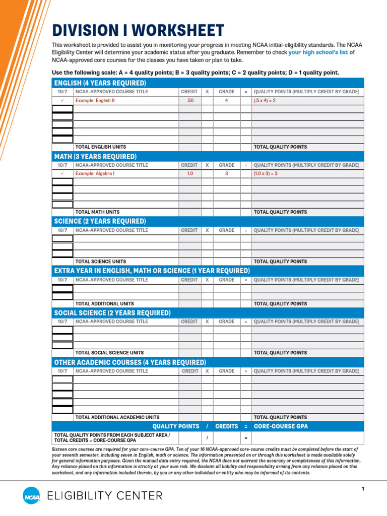 NCAA Core Course Worksheet | PDF