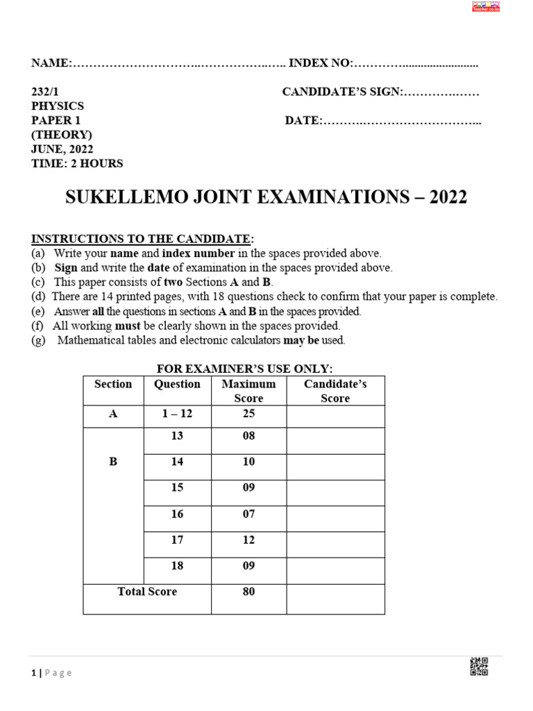 SUKELLIMO PHY PP1 Teacher - Co - Ke | PDF