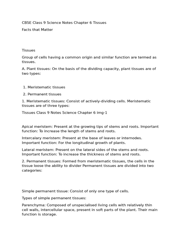 CBSE Class 9 Science Notes Chapter 6 Tissues | PDF