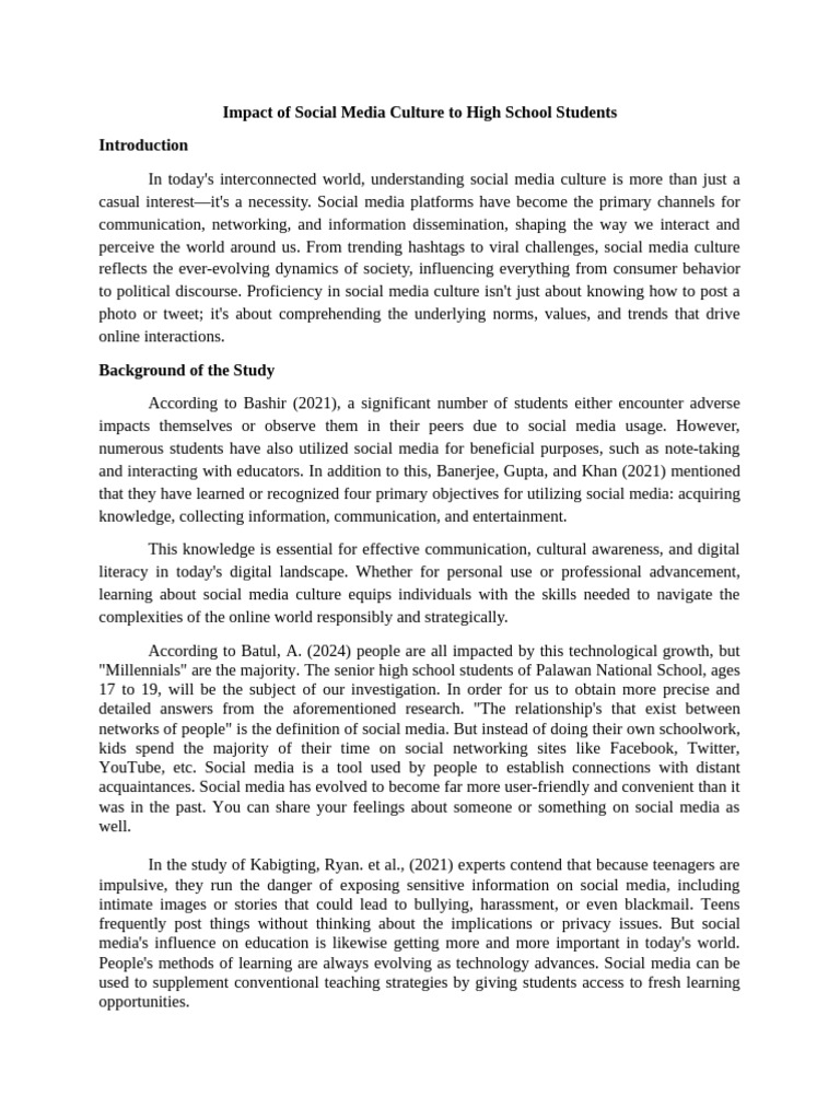 Impact of Social Media Culture To High School Students | PDF | Social ...