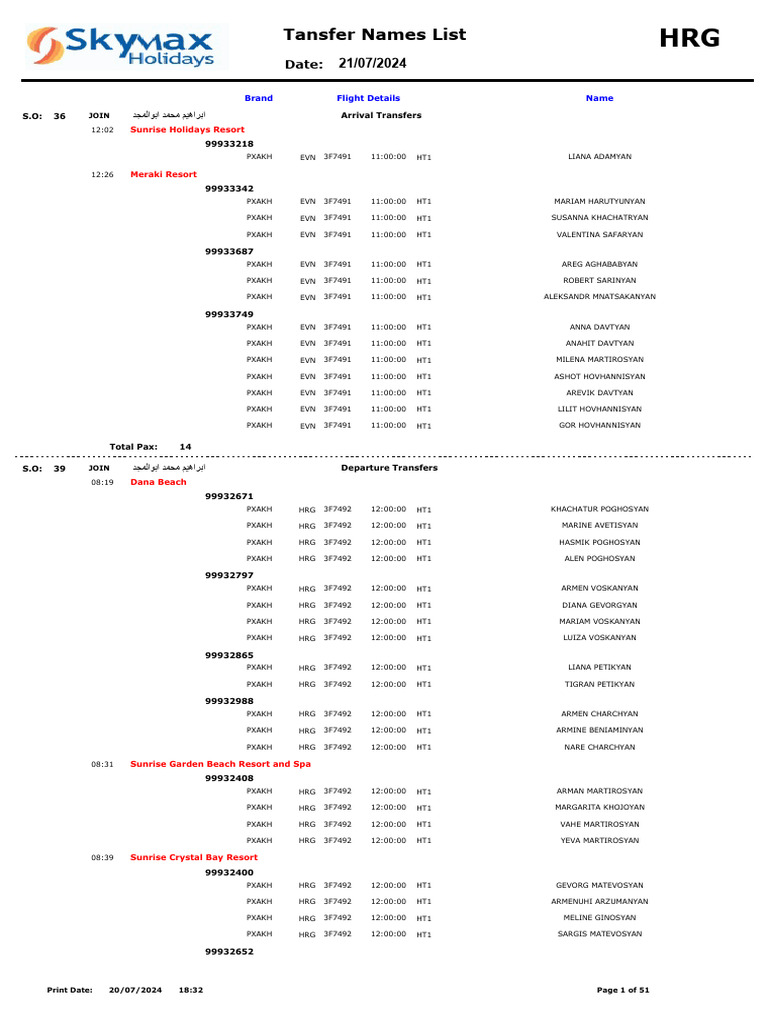 Sky Arr & Dep Names 21.7.2024 | PDF