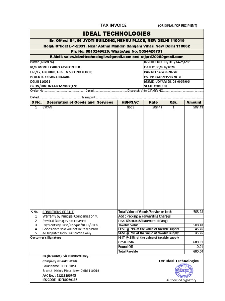 Ideal Technologies: Tax Invoice | PDF