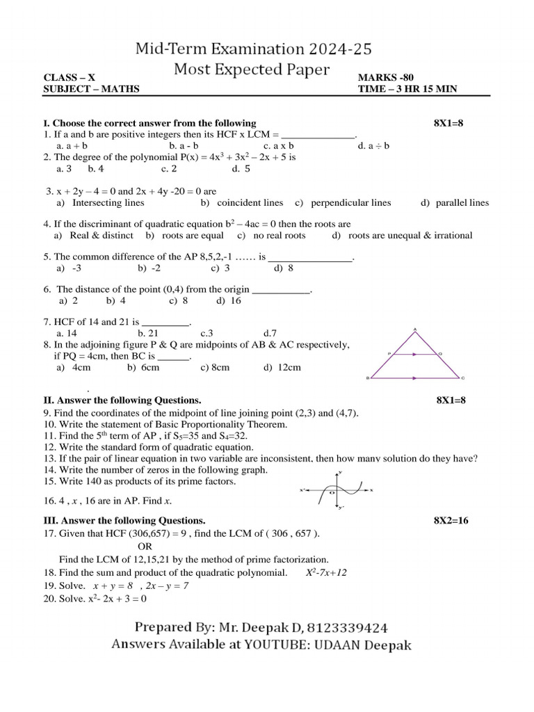10th STD Maths Midterm Exam Paper Kan Version 2024-25 | PDF