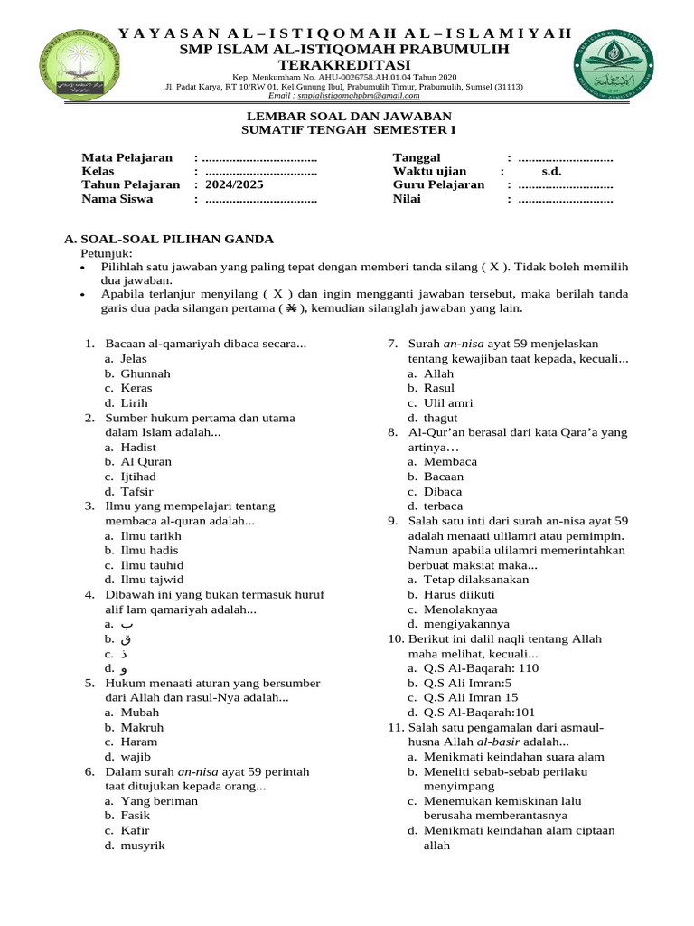 Pts Pai Kls 7 SMSTR 1-1 | PDF