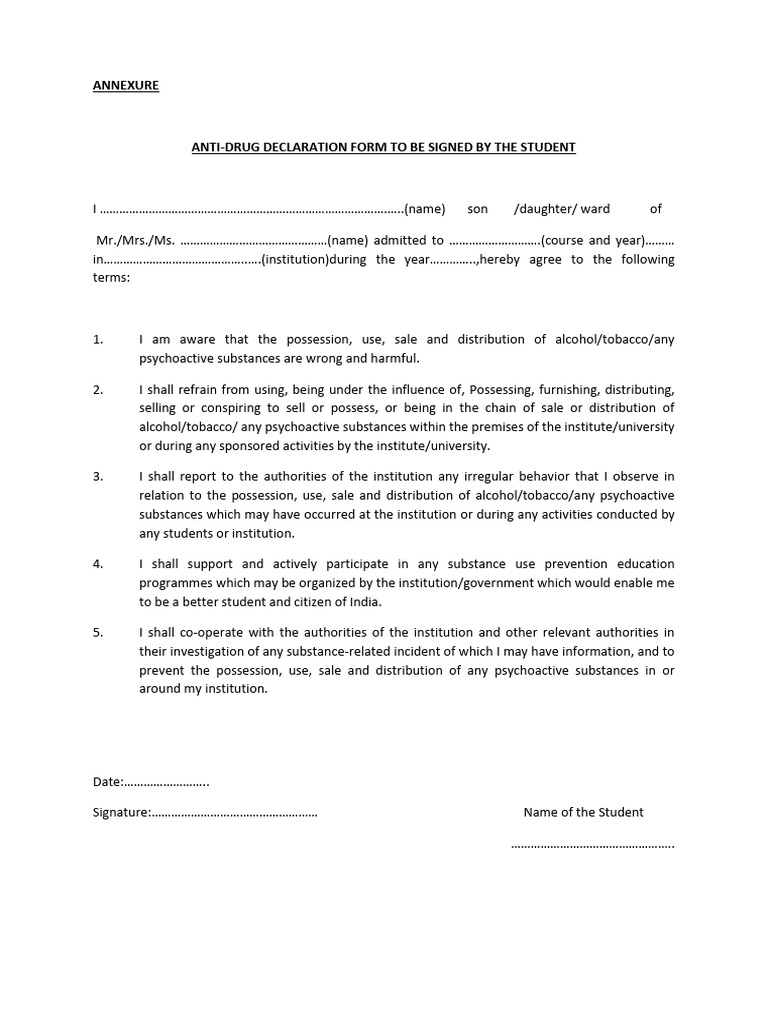 Anti-Drug Declaration Form To Be Signed by The Student | PDF