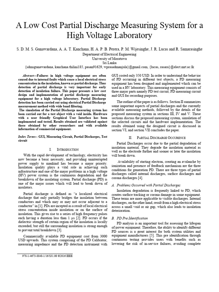 A Low Cost Partial Discharge Measuring System For A High Voltage ...