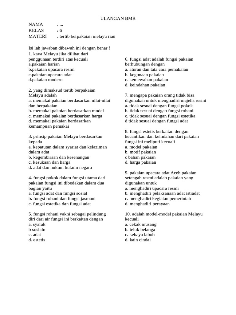 Ulangan BMR Smter 1 | PDF