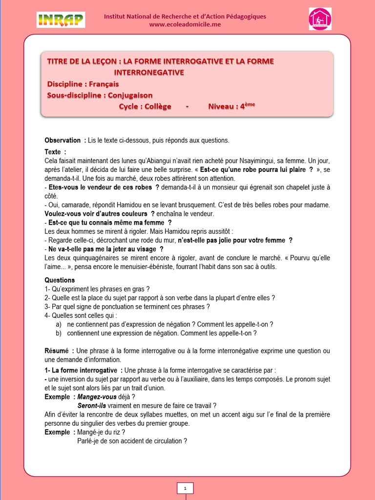 Fran - La Forme Interrogative Et La Forme Interronegative | PDF