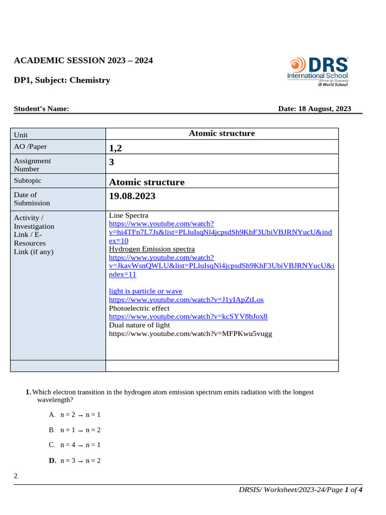 DP 1 Atomic Structure WS 3 | PDF