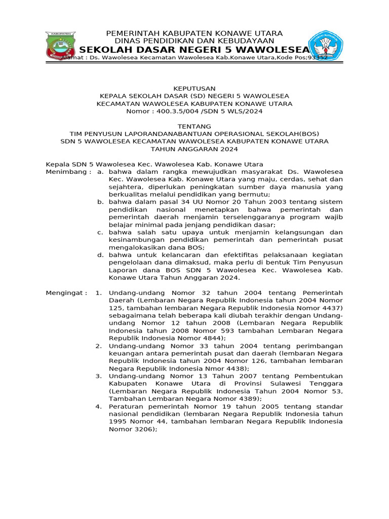 Sk. Tim Bos SDN 5 Wawolesea 2024 | PDF