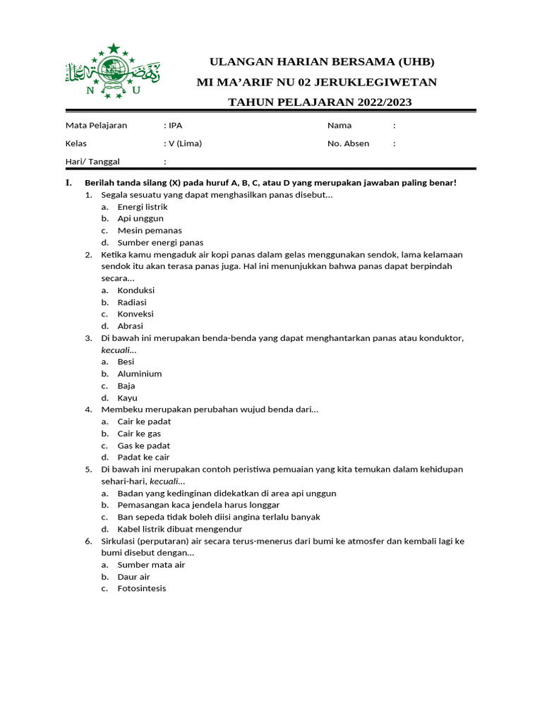 SOAL UHB IPA KLS 5 | PDF