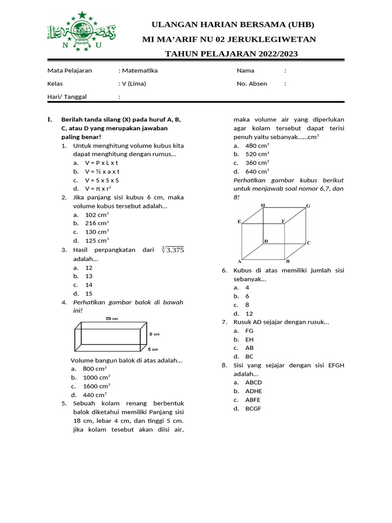 Soal Uhb MTK KLS 5 | PDF
