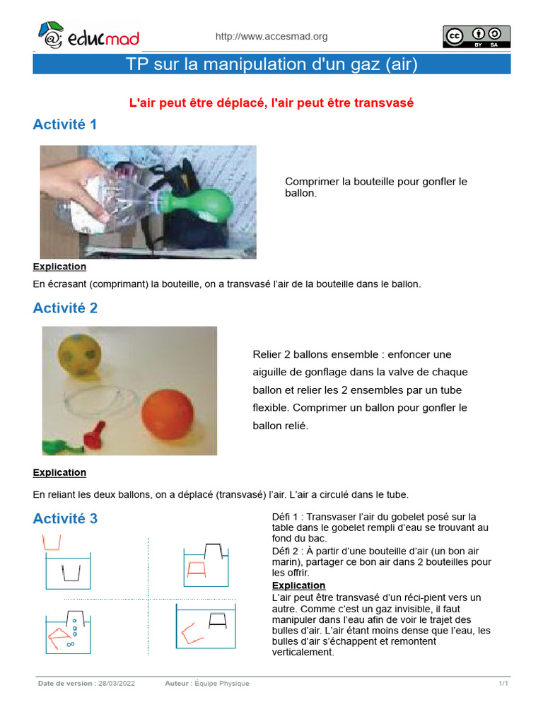 Transvasement de l'air : activités pratiques | PDF | Atmosphère | Gaz