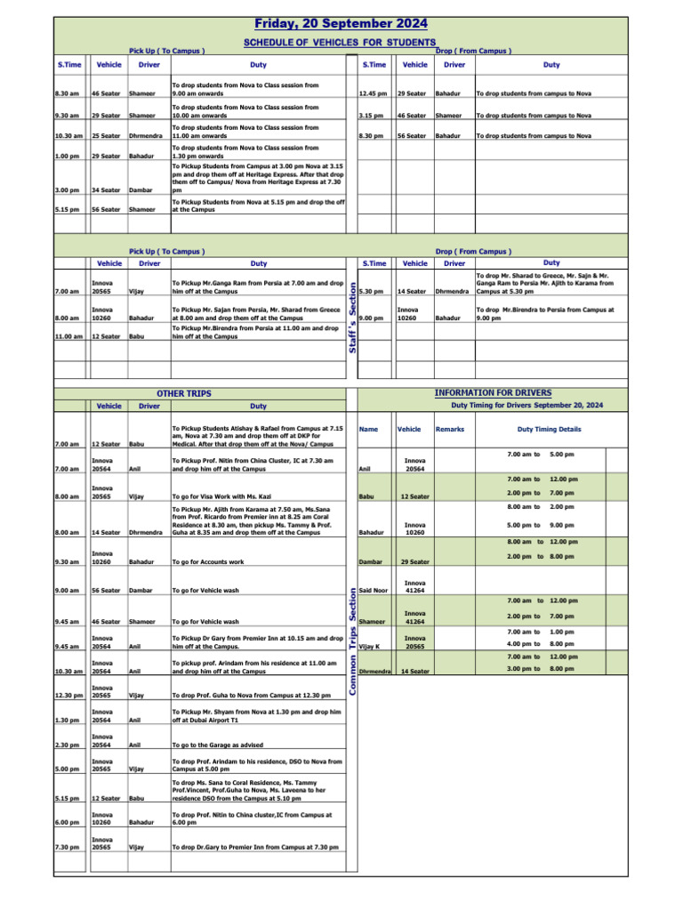 Vehicle Schedule For 20th Sep 2024 | PDF