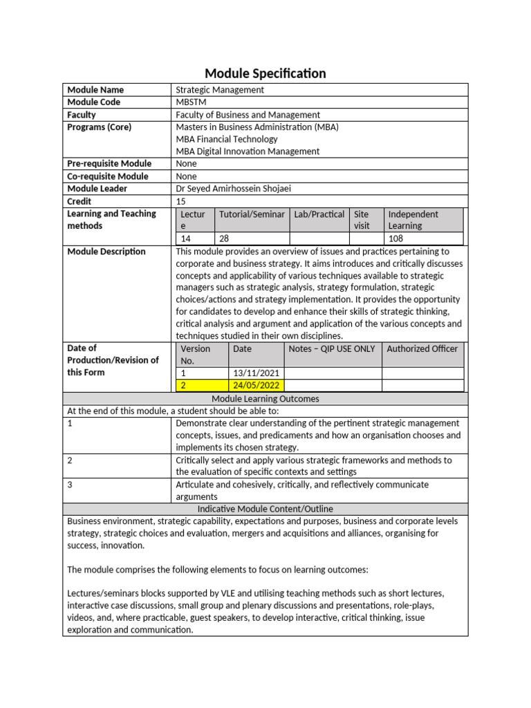 Strategic Management Module Specification | PDF