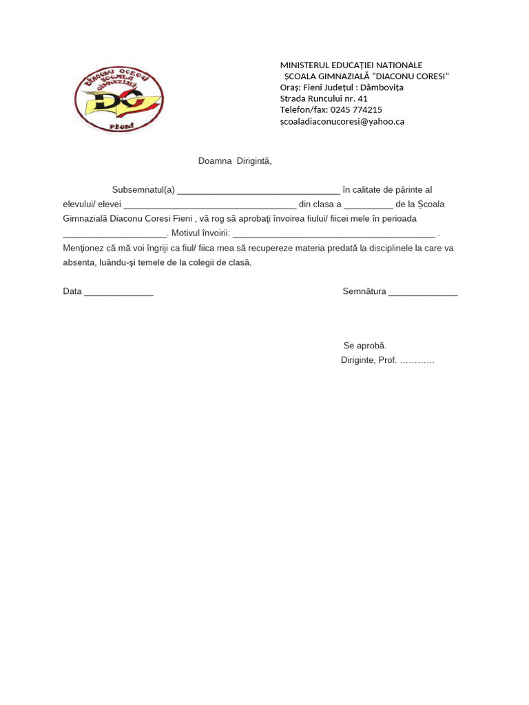 Cerere Invoire Elevi | PDF