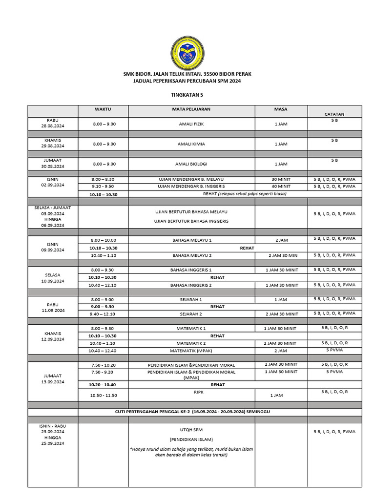 Jadual Percubaan SPM 2024 | PDF