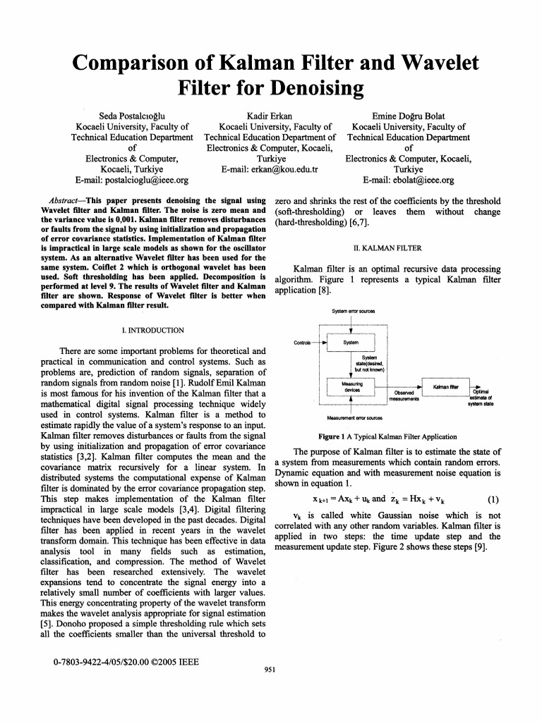 Comparison of Kalman Filter and Wavelet Filter For Denoising | PDF