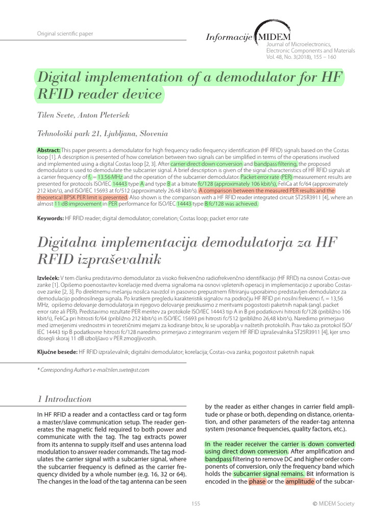 Digital Implementation of A Demodulator For HF RFID Reader Device | PDF