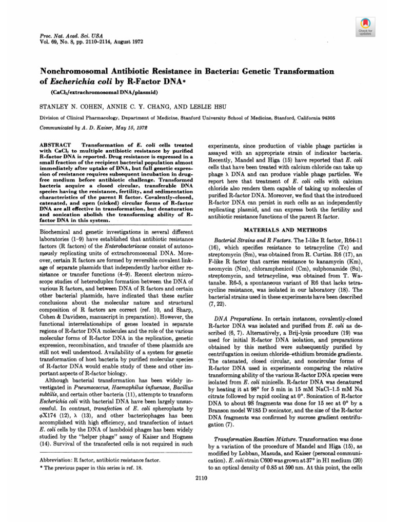 Cohen Et Al 1972 Nonchromosomal Antibiotic Resistance in Bacteria ...