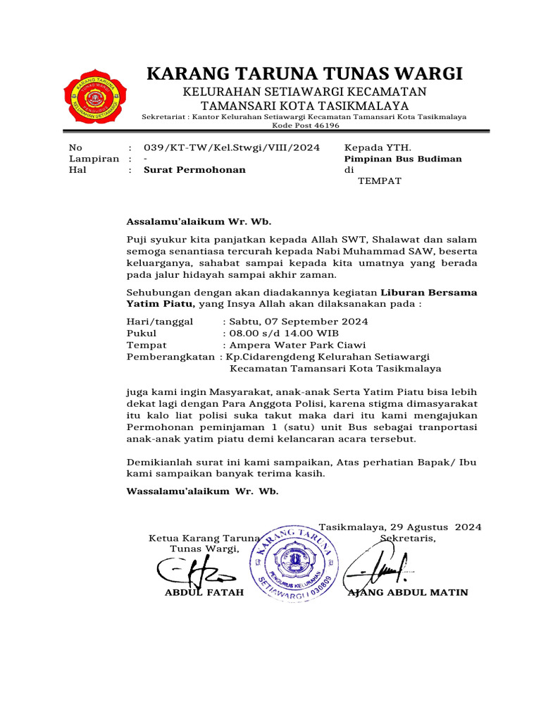 Surat Permohonan Unit Bus Budiman | PDF