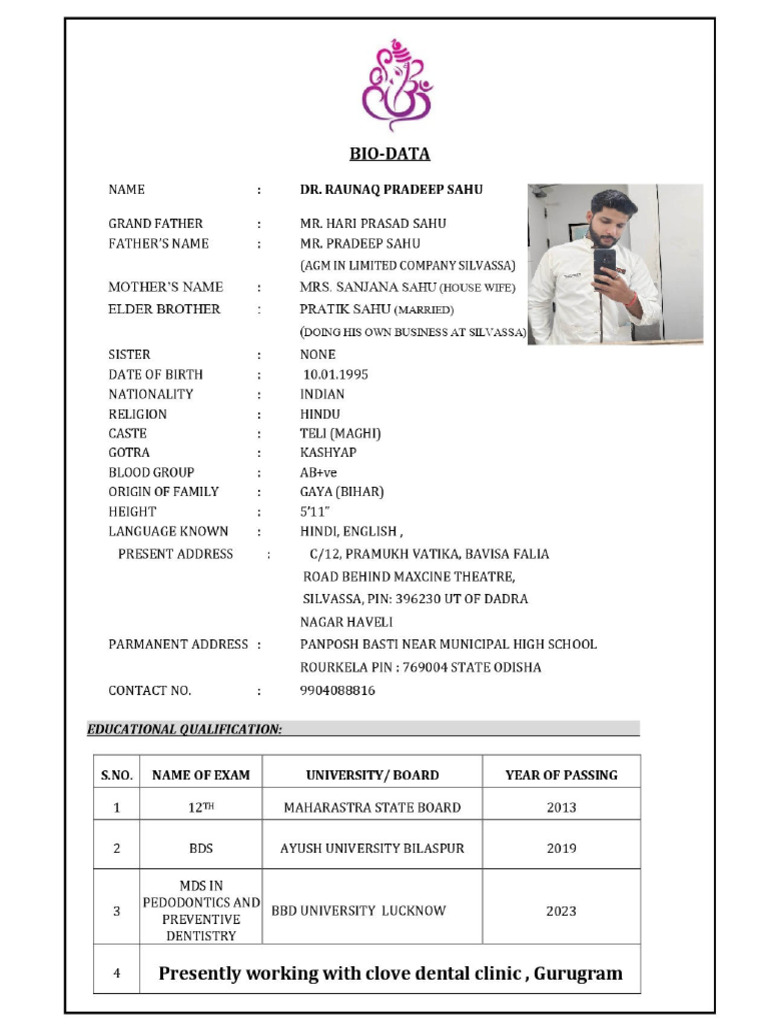 Dr. Raunaq Pradeep Sahu Bio Data 1-1 | PDF