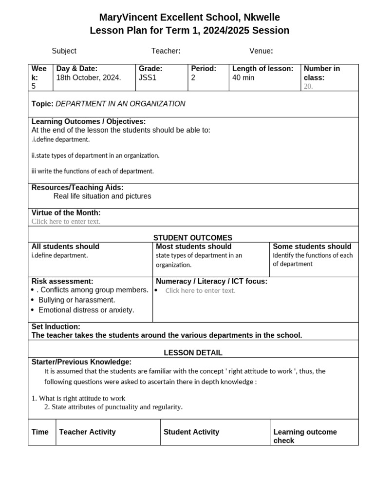 Business Studies jss1 Lesson Plan Week 5 | PDF | Teachers | Self ...