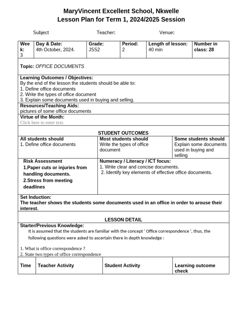 Business Studies Jss2 Lesson Plan Week 3 | PDF