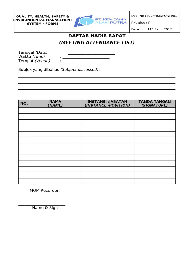 KAP - HSE - FORM - 01 - Daftar Hadir Rapat (KAP) | PDF