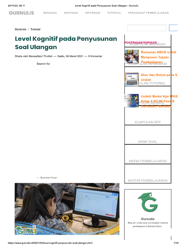 Level Kognitif Pada Penyusunan Soal Ulangan - Gurnulis | PDF